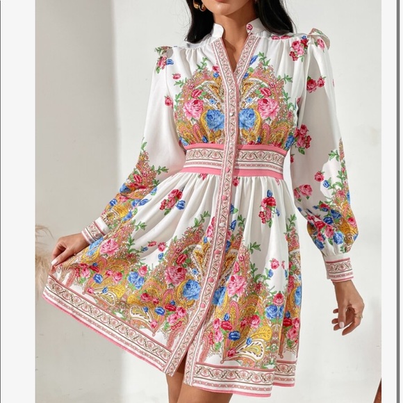 Dresses | Boho Floral Paisley Print Puff Sleeve Open Front Dress | Poshmark